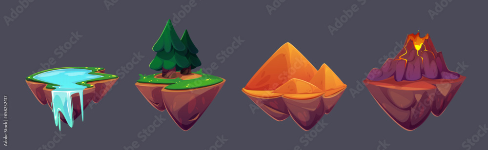 Game floating islands with lake and waterfall, green forest with fir ...
