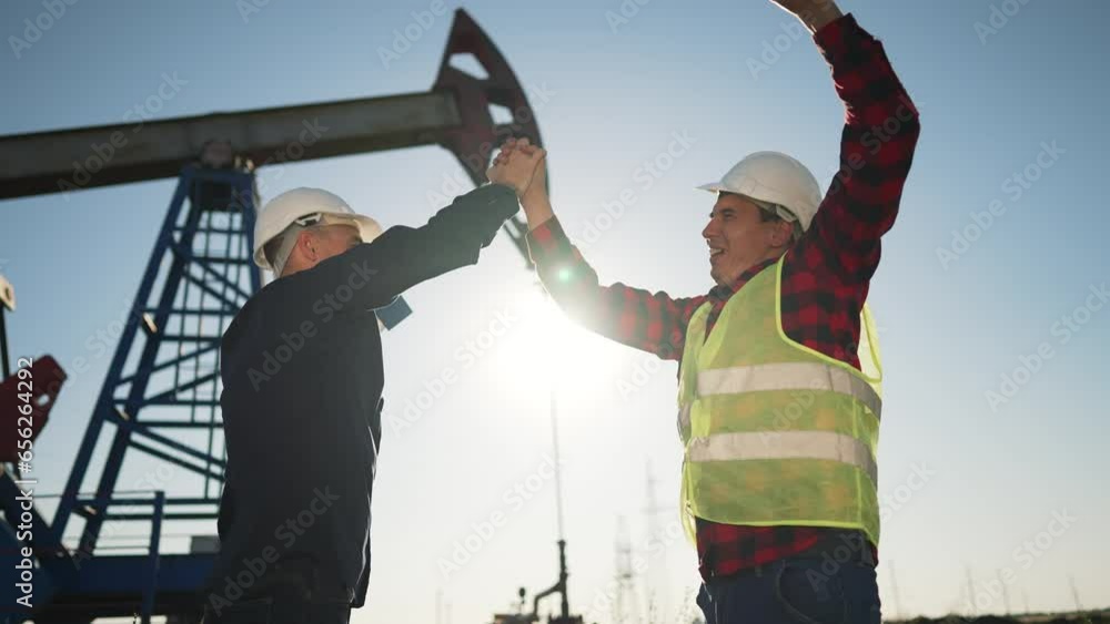 Teamwork.Oil engineer in helmet work with an oil pump.Silhouette of ...