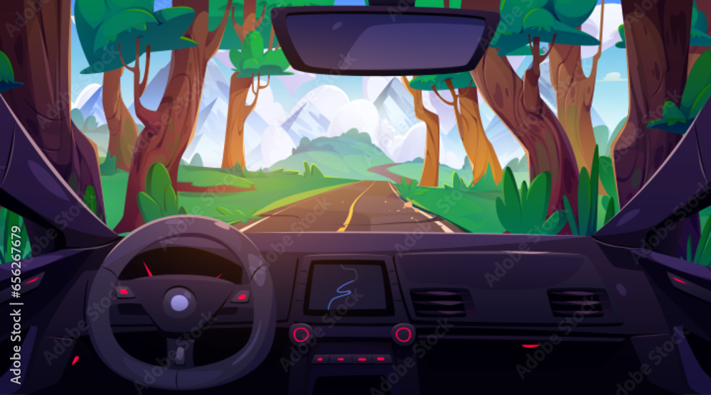 Car dashboard with forest road view through windshield. Vector cartoon ...