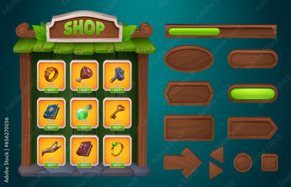 Wood game shop ui interface with button frame. Wooden store box gui ...
