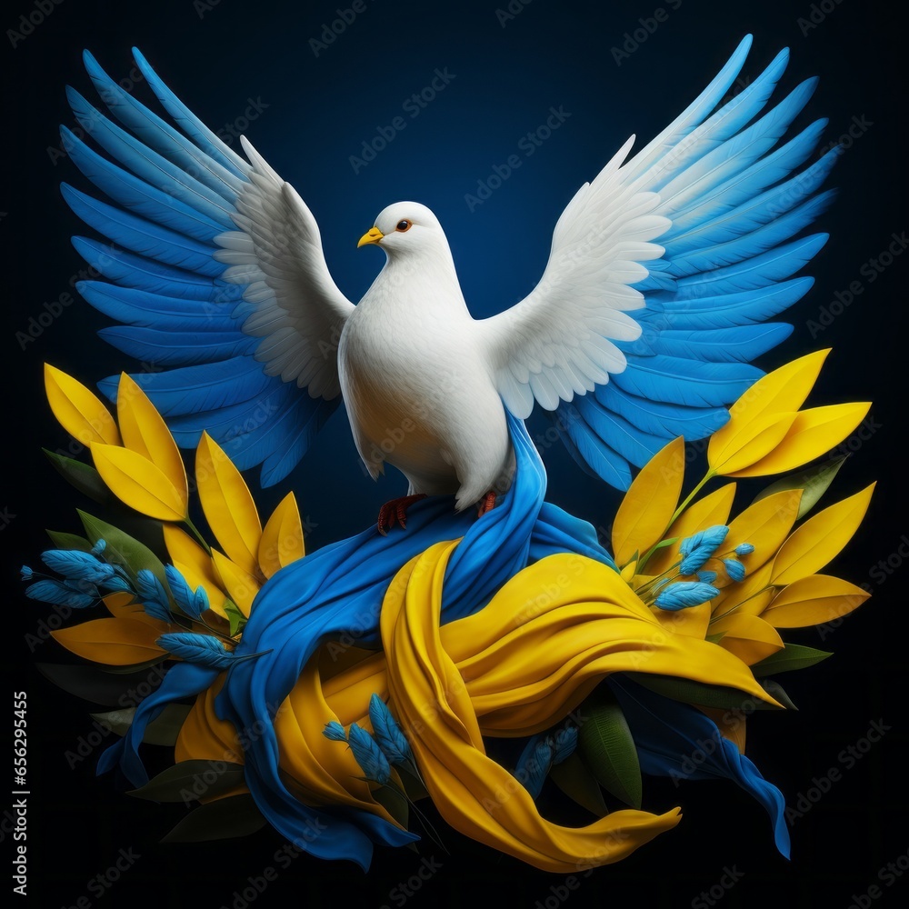 A dove of peace holding an olive branch, with the Ukrainian flag colors ...