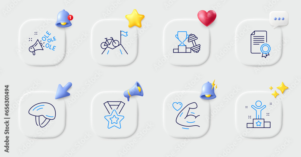 Strong arm, Mountain bike and Winner line icons. Buttons with 3d bell ...