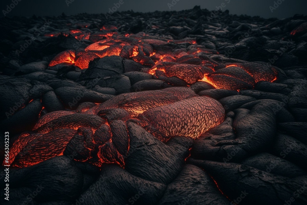 Intense cracked ground from volcanic eruption. Fiery lava background ...