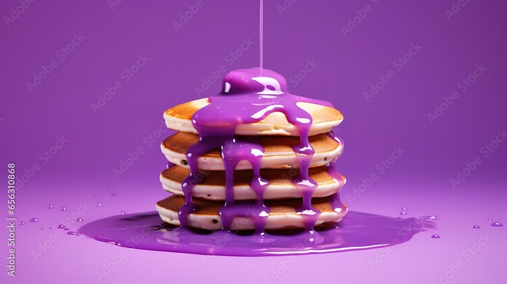 A stack of pancakes covered in purple jam and on a purple background ...