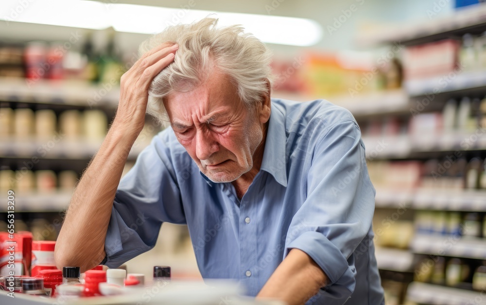 Stressed pensioner in a supermarket under pressure due to high prices ...