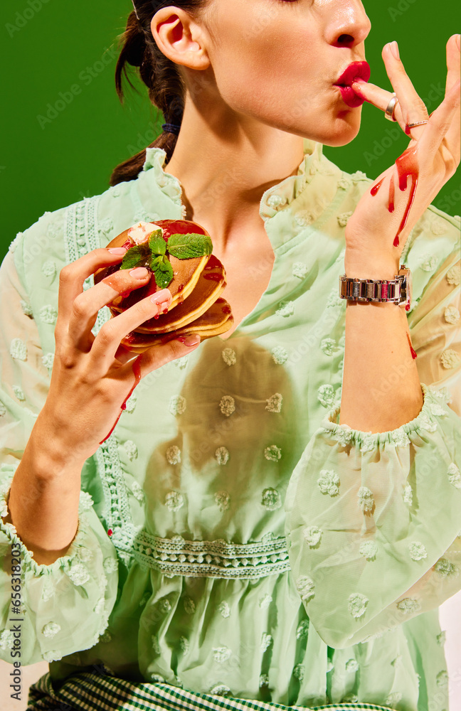 Breakfast. Food pop art photography. woman holding sweet pancakes ...