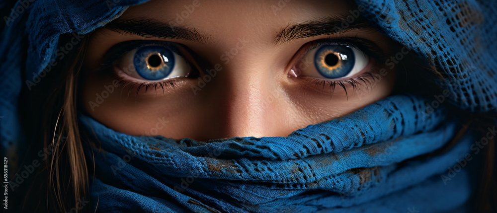 Close up portrait of young Woman muslim in blue burqa with hidden face ...