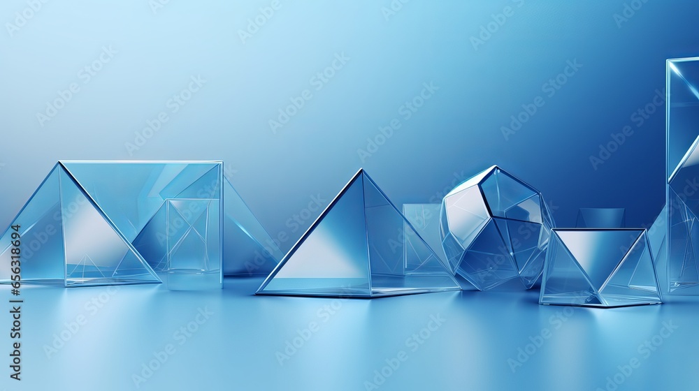 3D geometric shapes on a blue background with a glassmorphism square ...