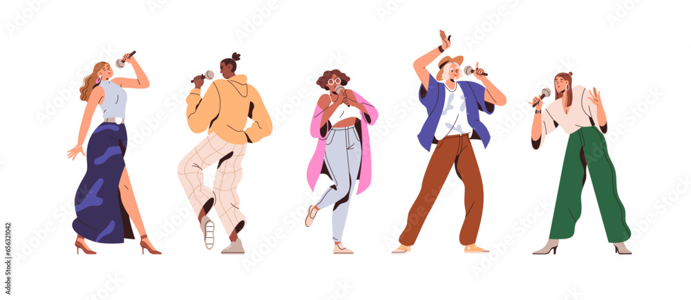 Singing people set. Men, women singers standing with microphones ...