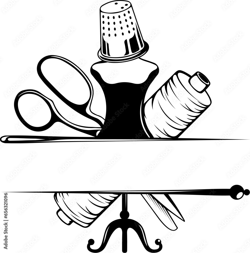 Sewing dummy, needle, scissors, spool of thread and thimble. Frame ...