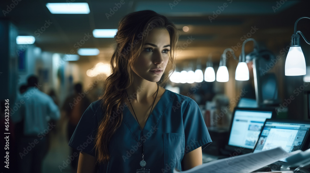Nurse reviewing patient charts under the dimmed lights of a night shift ...