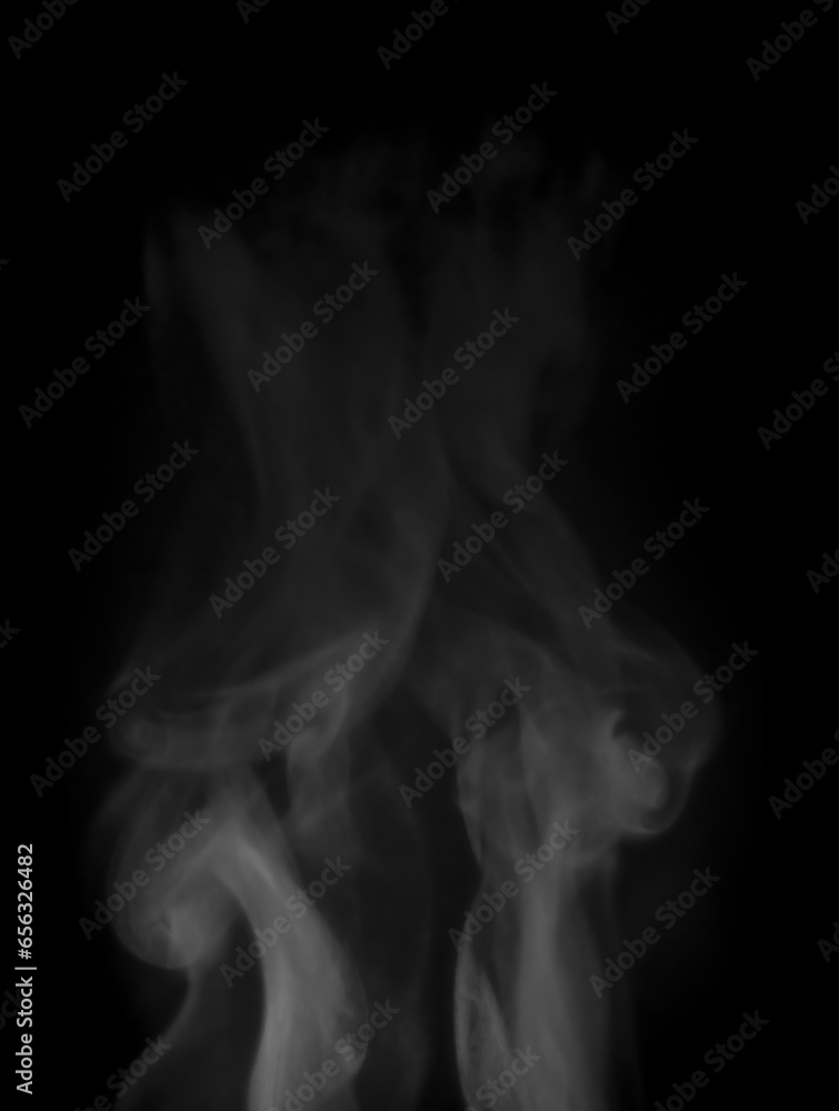Abstract white puffs of smoke swirl overlay on black background ...