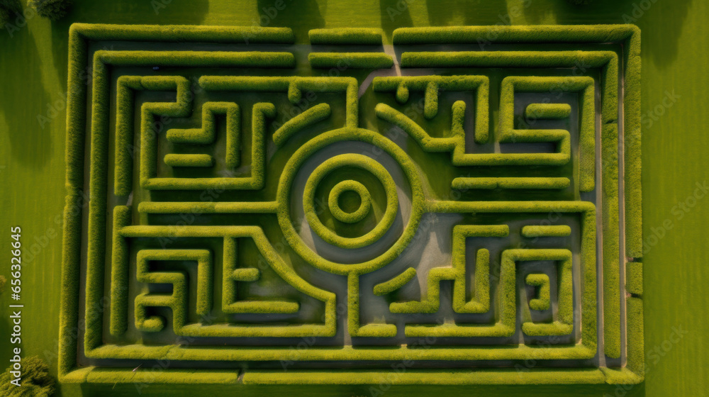 vue aérienne à la verticale d'un labyrinthe formé avec des haies d ...