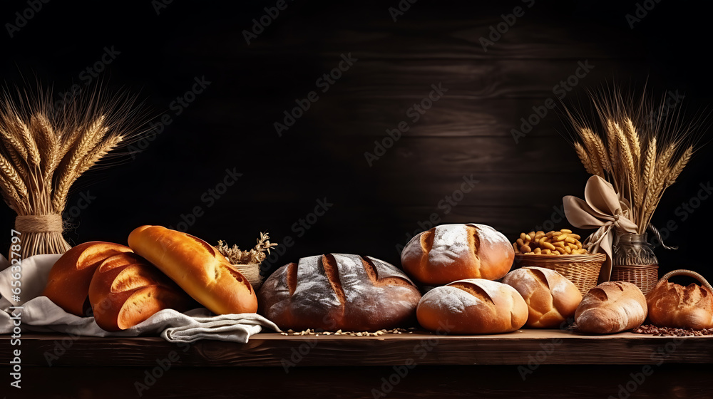 Bread rolls loaves buns pastry wheat easrs on rustic wooden bakery ...