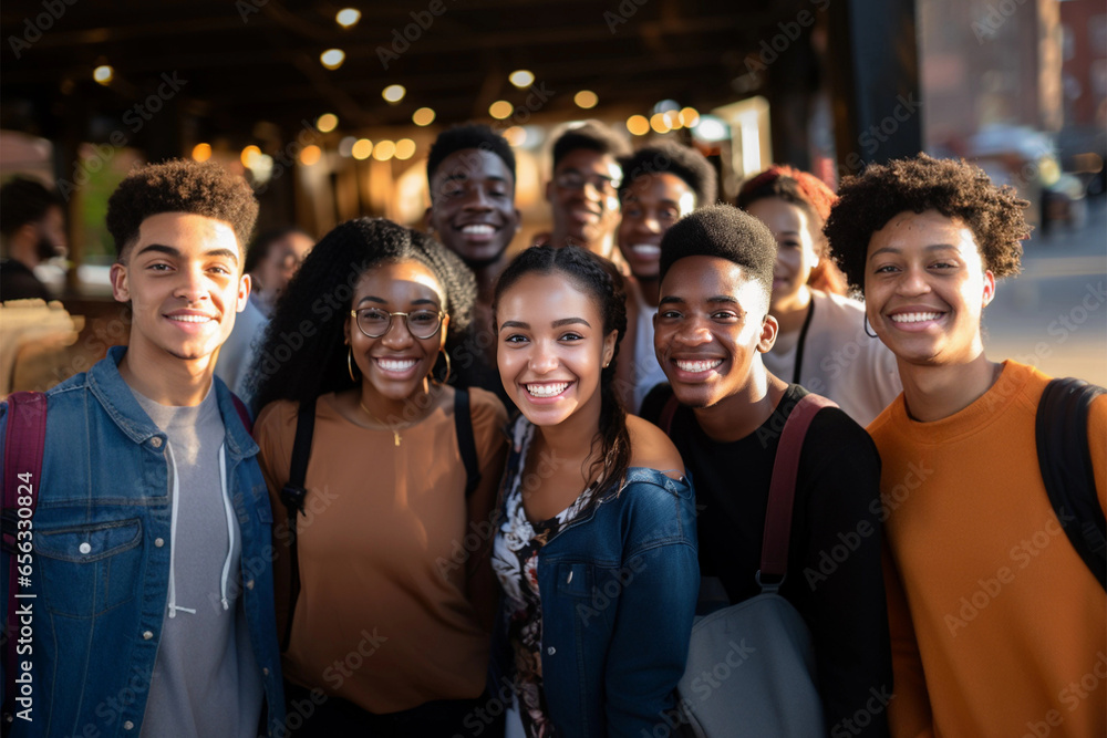 Multi ethnic student guys and girls taking selfie outdoors. Happy ...