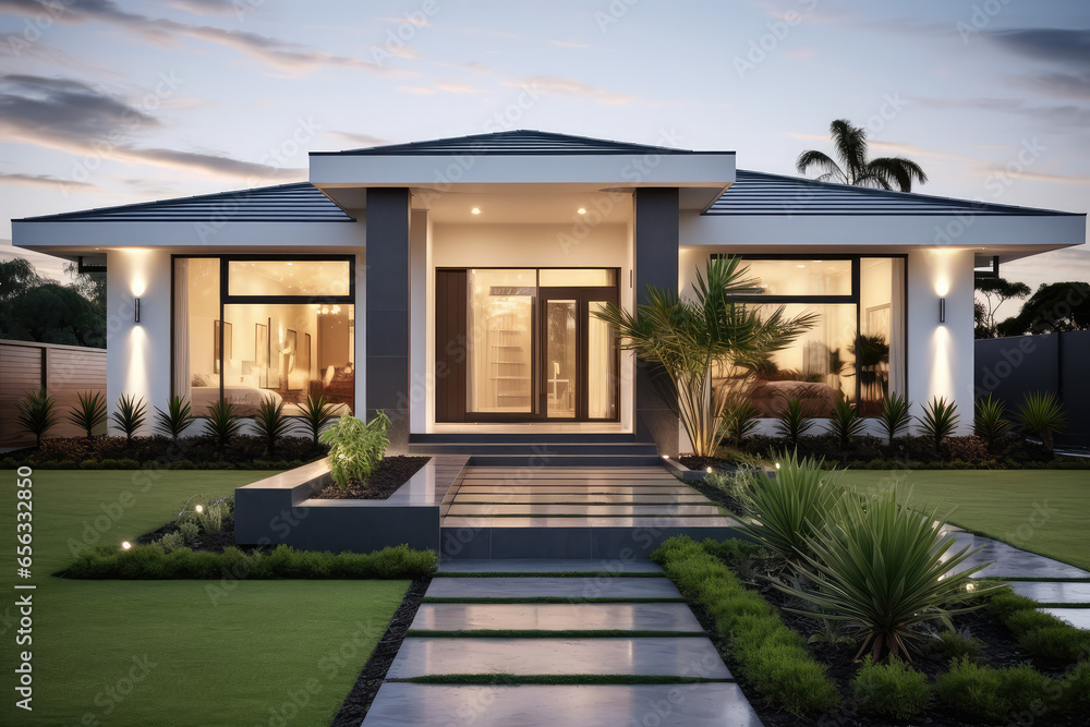 australian modern house design with a front lawn Stock Illustration ...