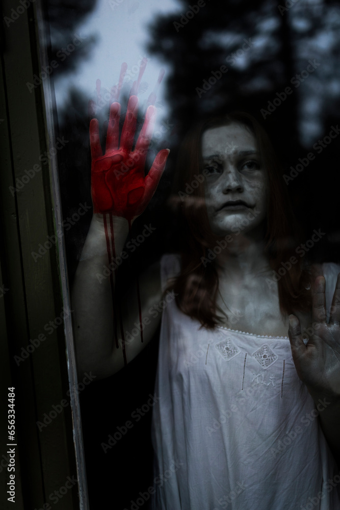 Female ghost with blood on hand seen through window of haunted cabin ...