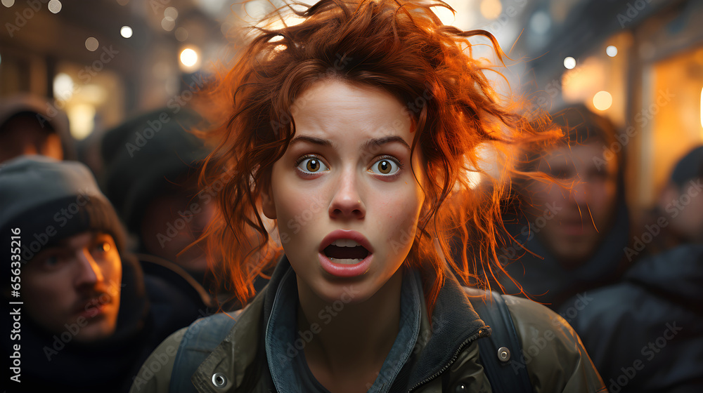 Shocked or embarrassed woman with red hair in a crowd Stock Photo ...