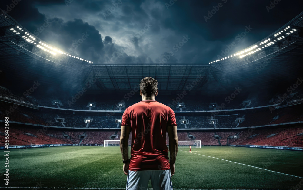 Back view of footballer standing in front of a huge stadium filled full ...