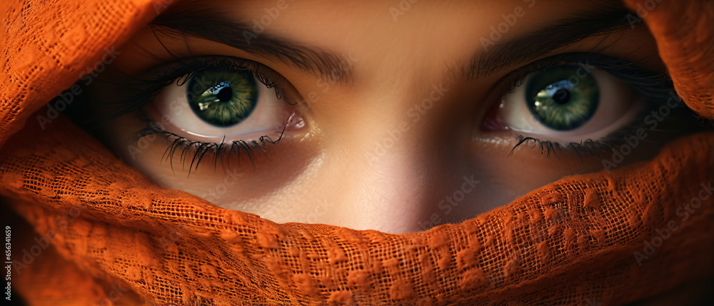 Close up portrait of young Woman muslim in orange burqa with hidden ...