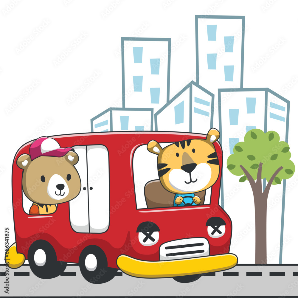 Cute animals on the bus funny animal cartoon, Vector illustration. T ...