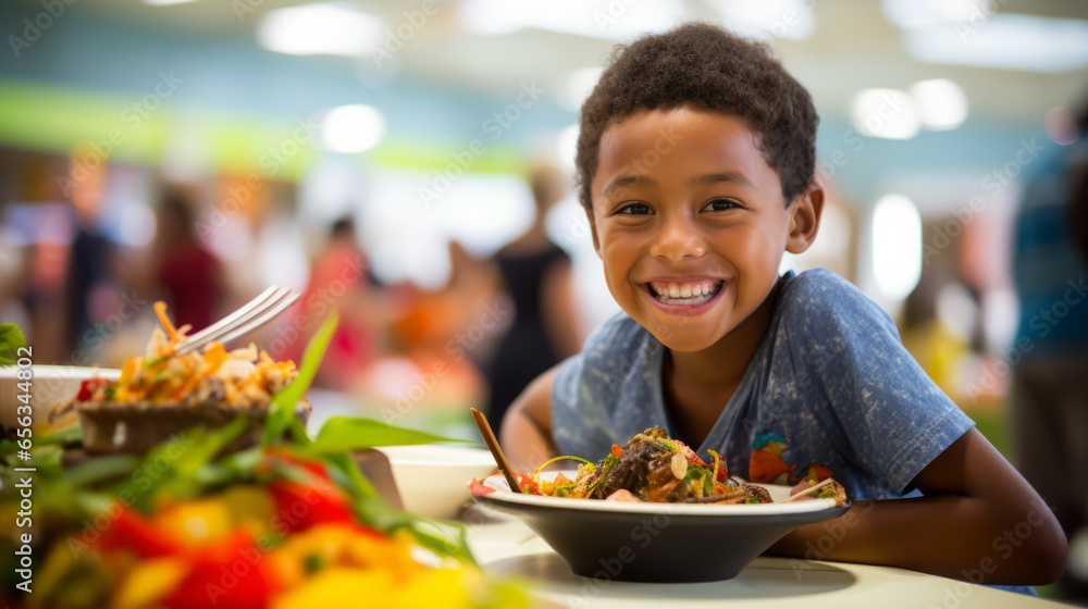 Young boy participating in a multicultural food festival. He samples ...