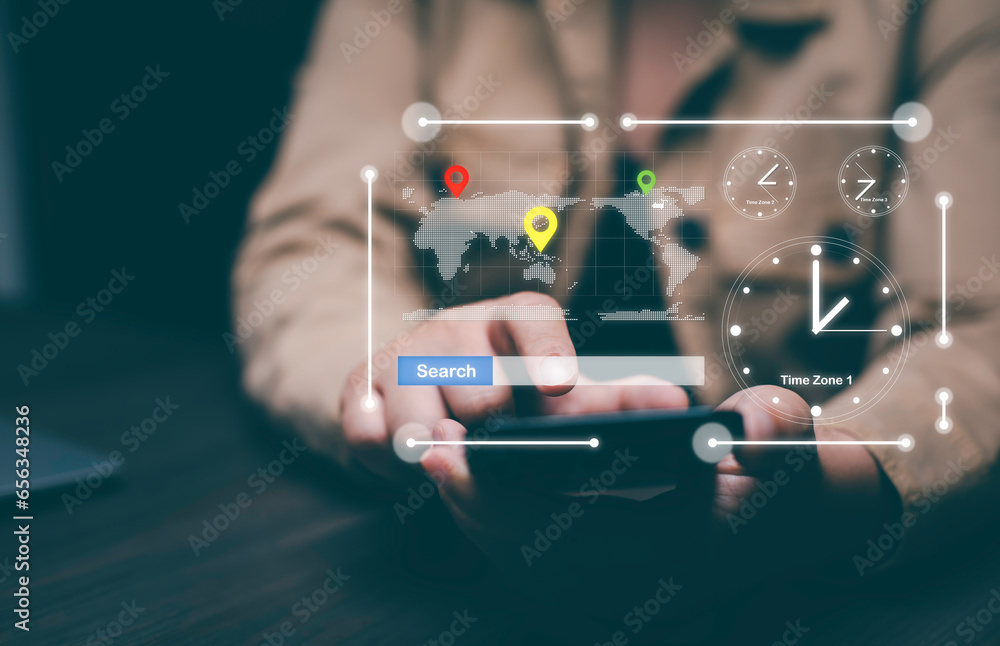 Time zone and Maps virtual world and model map with location point, GPS ...