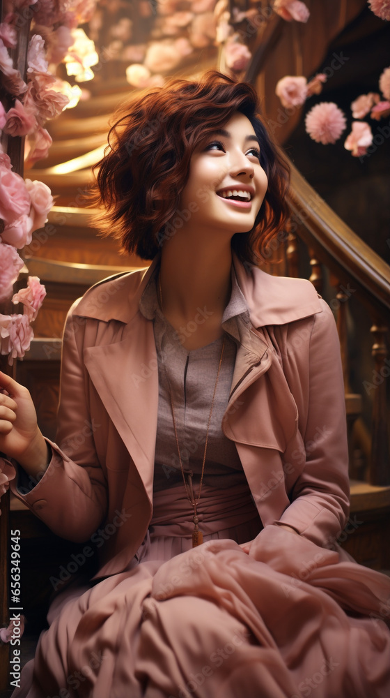 Asian woman, Auburn hair, Pixie Cut style, Dusty Rose Robe, spiral ...