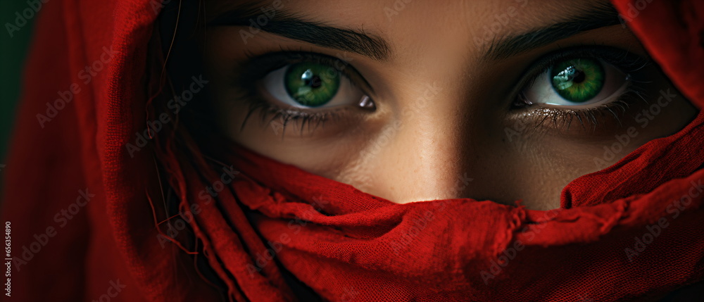 Close up portrait of young Woman muslim in red burqa with hidden face ...