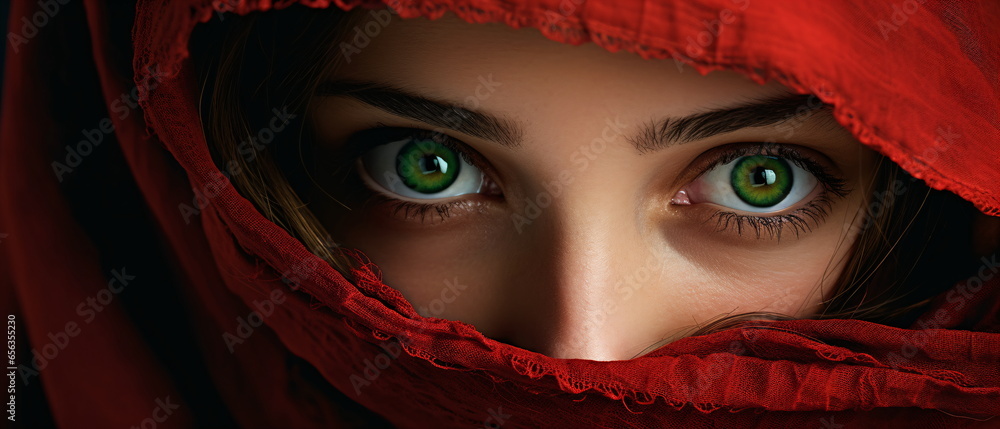 Close up portrait of young Woman muslim in red burqa with hidden face ...