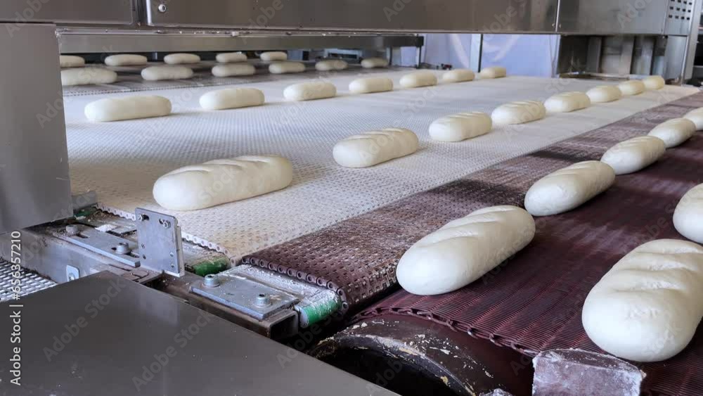 Big bakery bread industrial production line. Fresh bread dough entering ...
