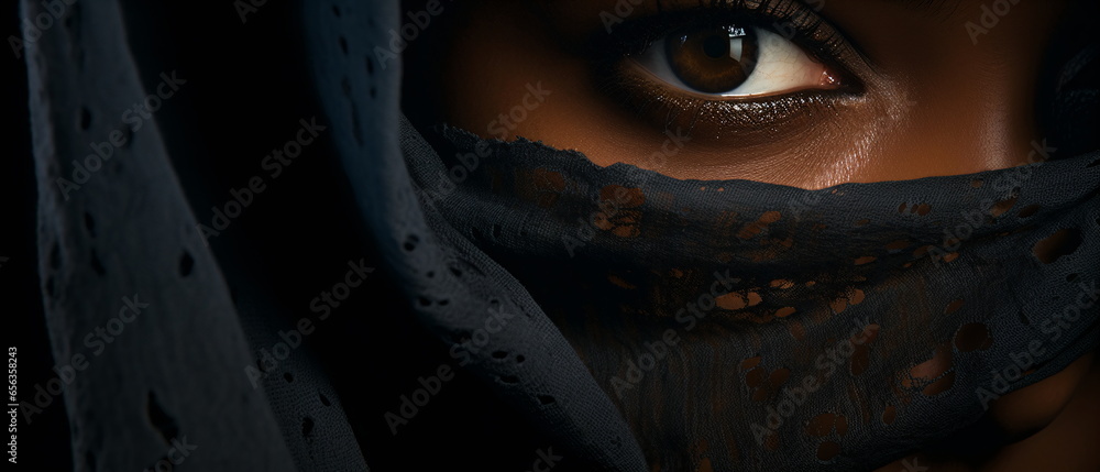 Close up portrait of young Woman muslim in black burqa with hidden face ...