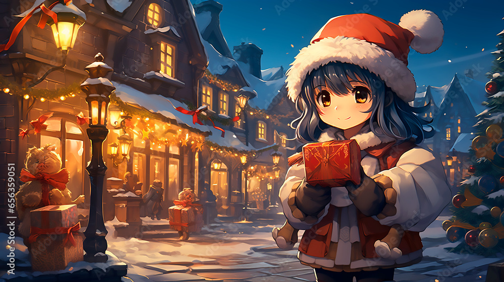 Chica Anime Navidad nieva - Paisaje navideño estilo anime - Luces de ...