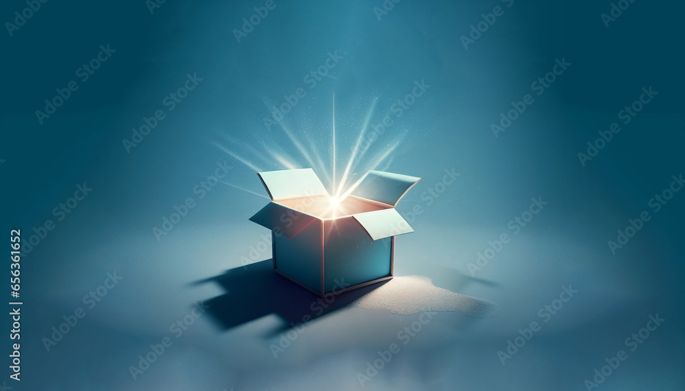 Open gift box with ray of light effect on blue background. 3d rendering ...