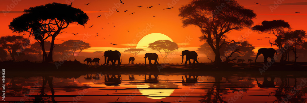 Large group of wild safari animals at sunset with reflection in the ...