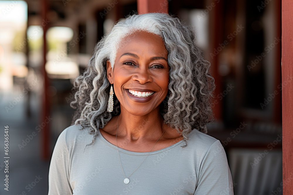 An adult black woman with smooth, healthy skin. Beautiful aged mature woman with long gray hair ...
