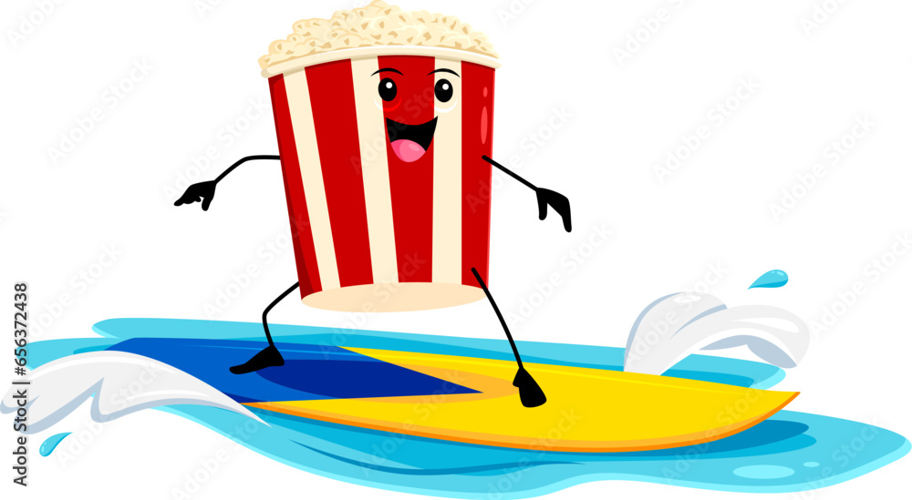 Cartoon fast food popcorn bucket surfer character on the sea wave. Junk ...