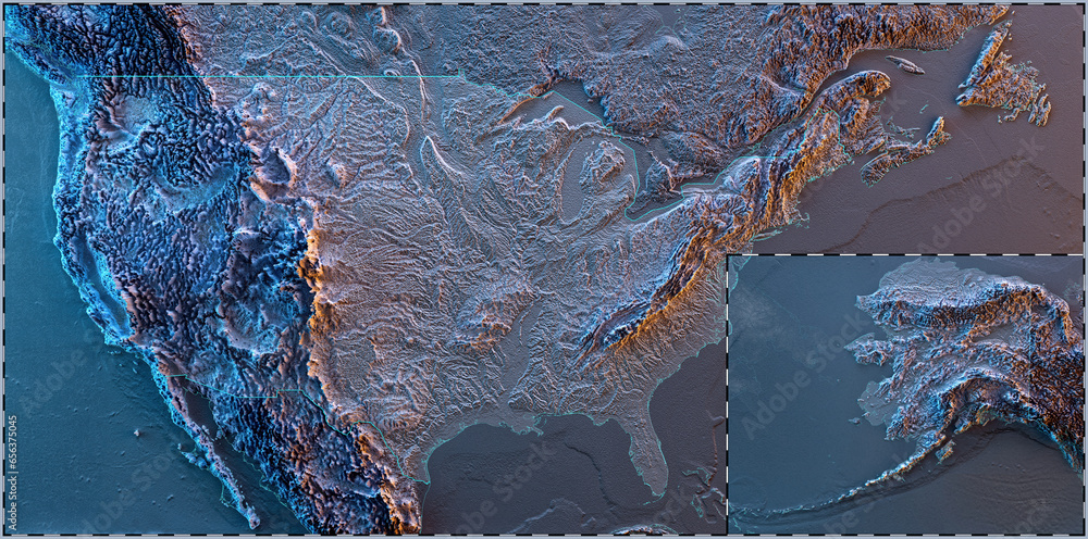 High detailed 3D map of USA with exaggerated topographic relief and ...