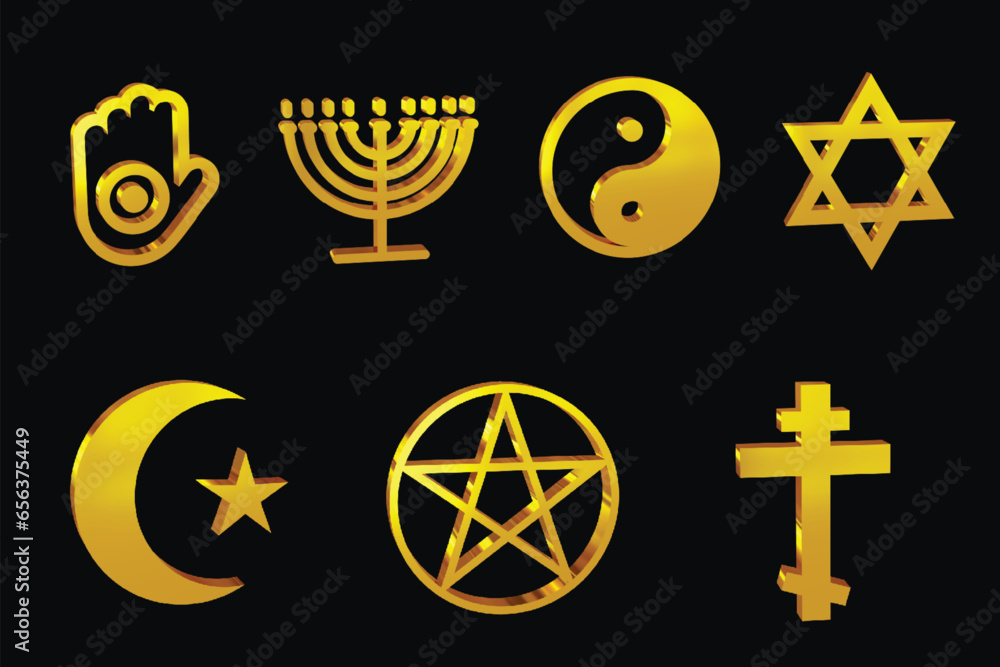 Set of golden religion symbol 3D icons, collection of gold religious ...