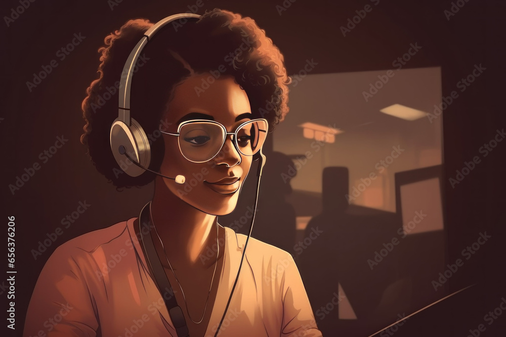 Portrait of Diligent black African female call center agent, focused ...