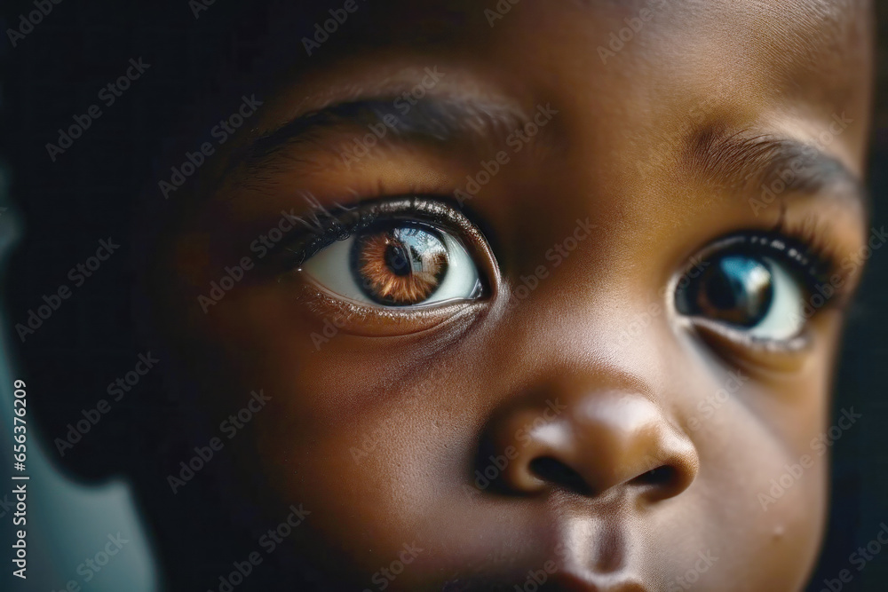 Extreme close up of black African baby face with intense macro eyes and ...