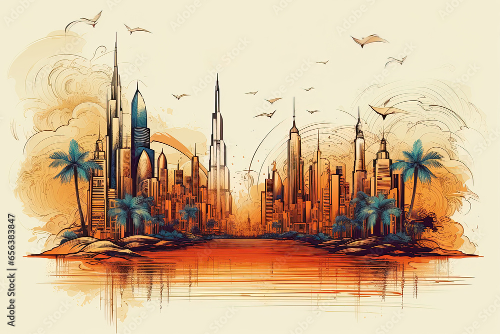 Dubai skyline sketch drawing. Poster design. Generative Ai Stock ...