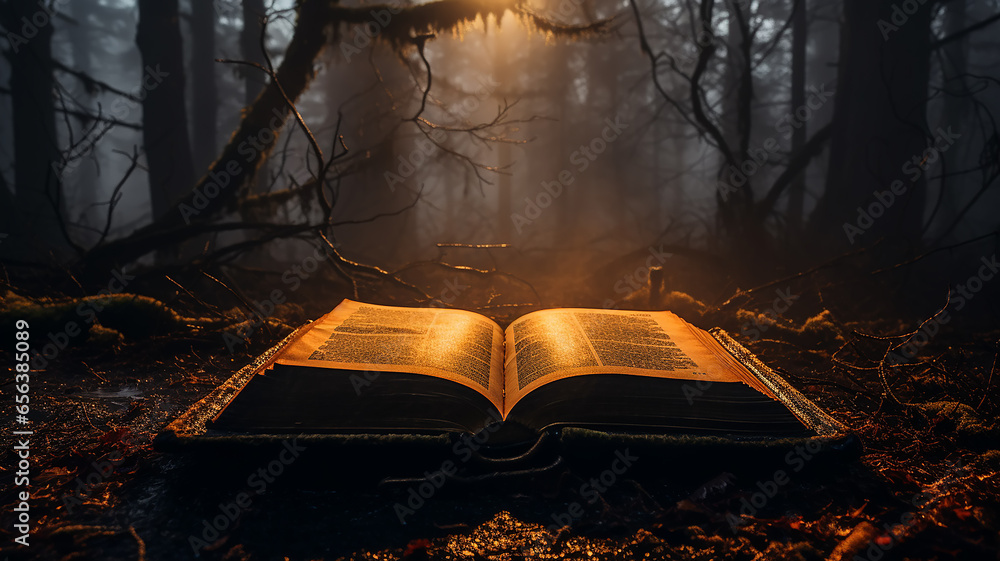 an open book of mystical fairy tales background in a foggy night forest ...