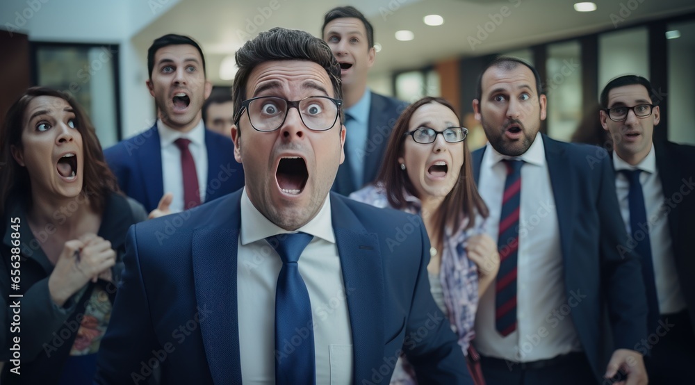 Office workers intensely shocked by what they see in front of them ...