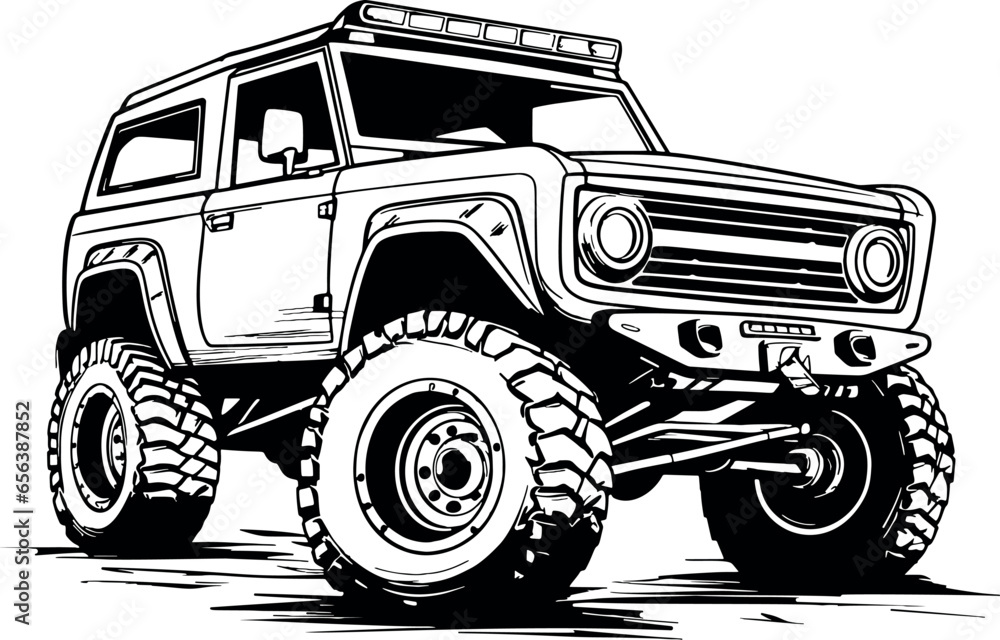 Off-road car drawn in black and white vector style, with intricate hand ...