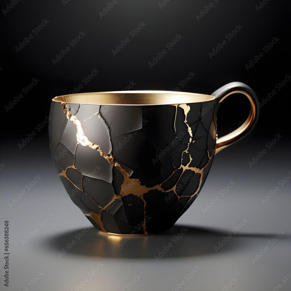 Kintsugi Japanese black tea cup with golden seam, gold black Kintsugi ...