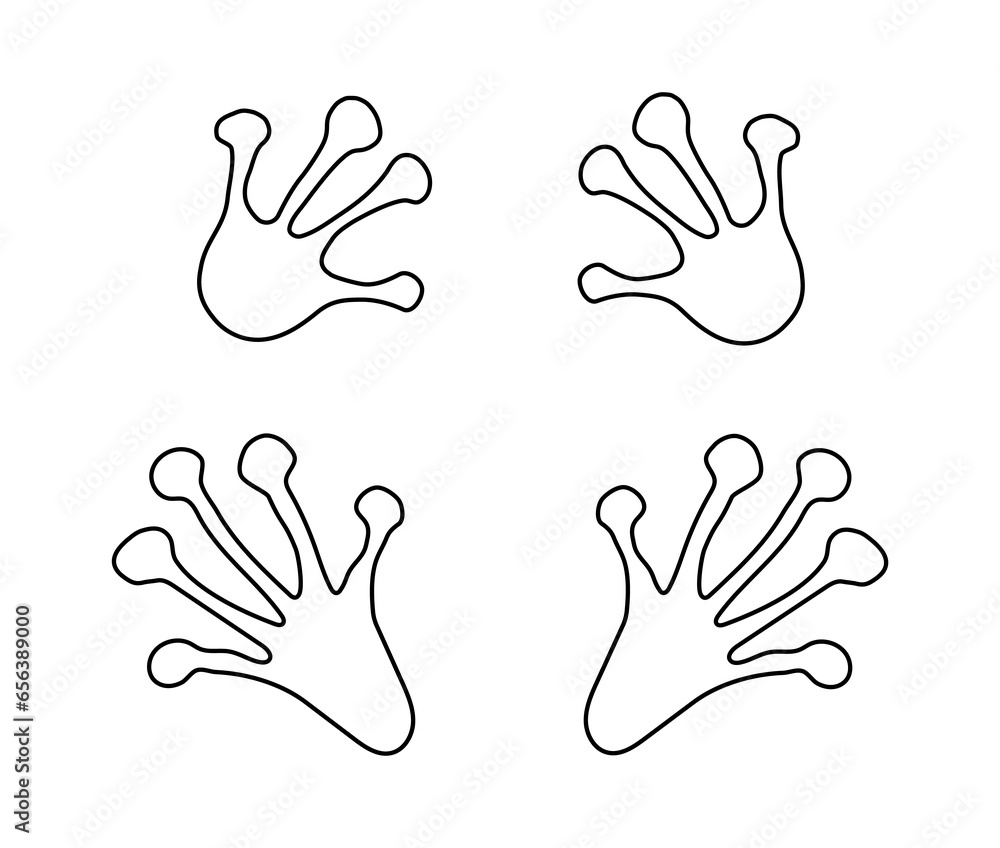 Frog or toad paw footprint. Contour. Front and back legs of frog. Black ...