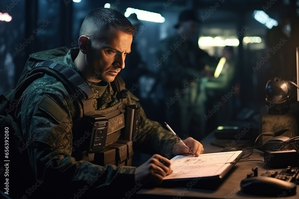 Soldier in uniform analyze data on a tablet and work out tactics at a ...