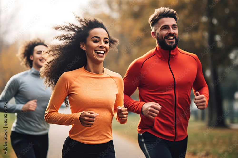 Running exercise fitness friends walking running talking together on ...