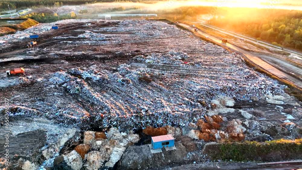 Garbage truck unloads rubbish. Landfill with solid household waste ...